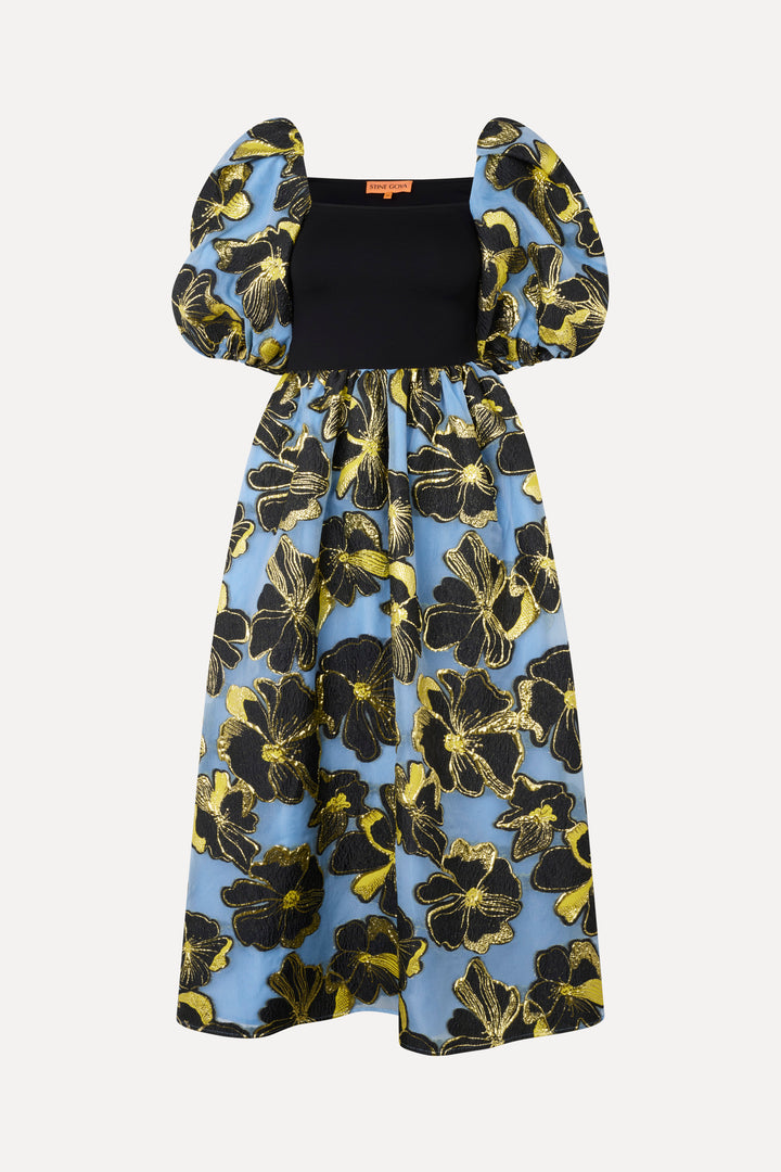 3/4 Sleeve Combo Bodice Midi Dress - Blue Anemone Jacquard - Stine Goya